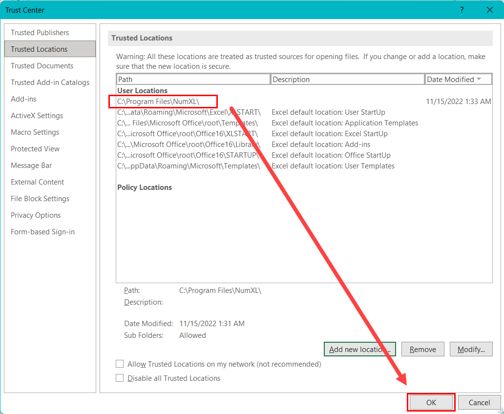 Adding NumXL to Excel Trusted Locations – Help center